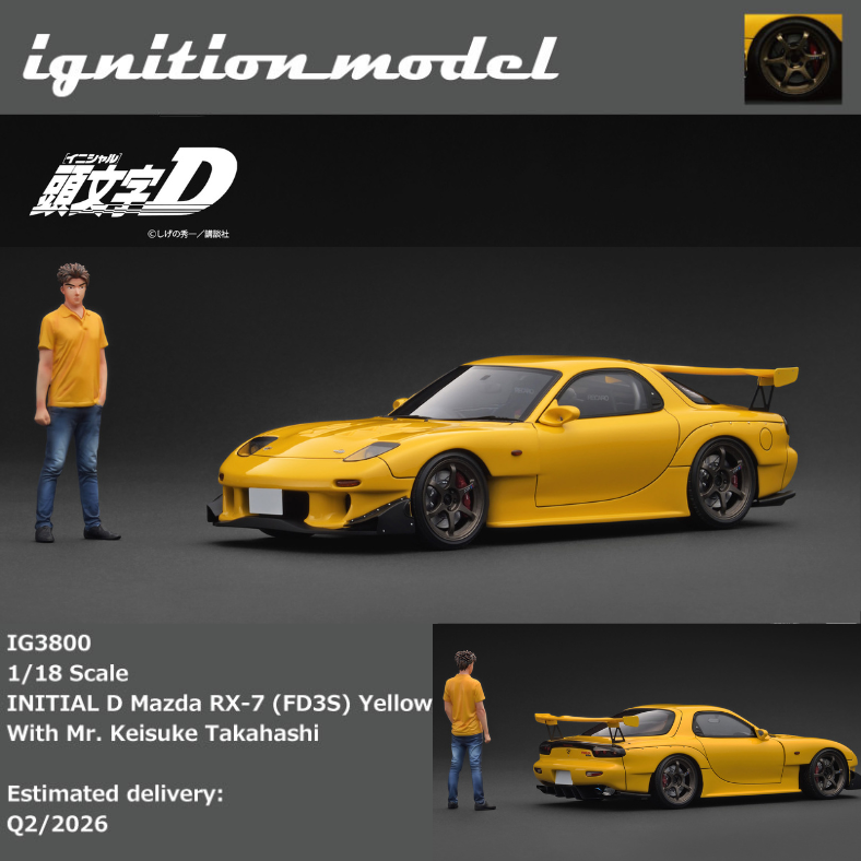 Ignition Model 1:18 INITIAL D Mazda RX-7 (FD3S) Yellow With Mr. Keisuk ...