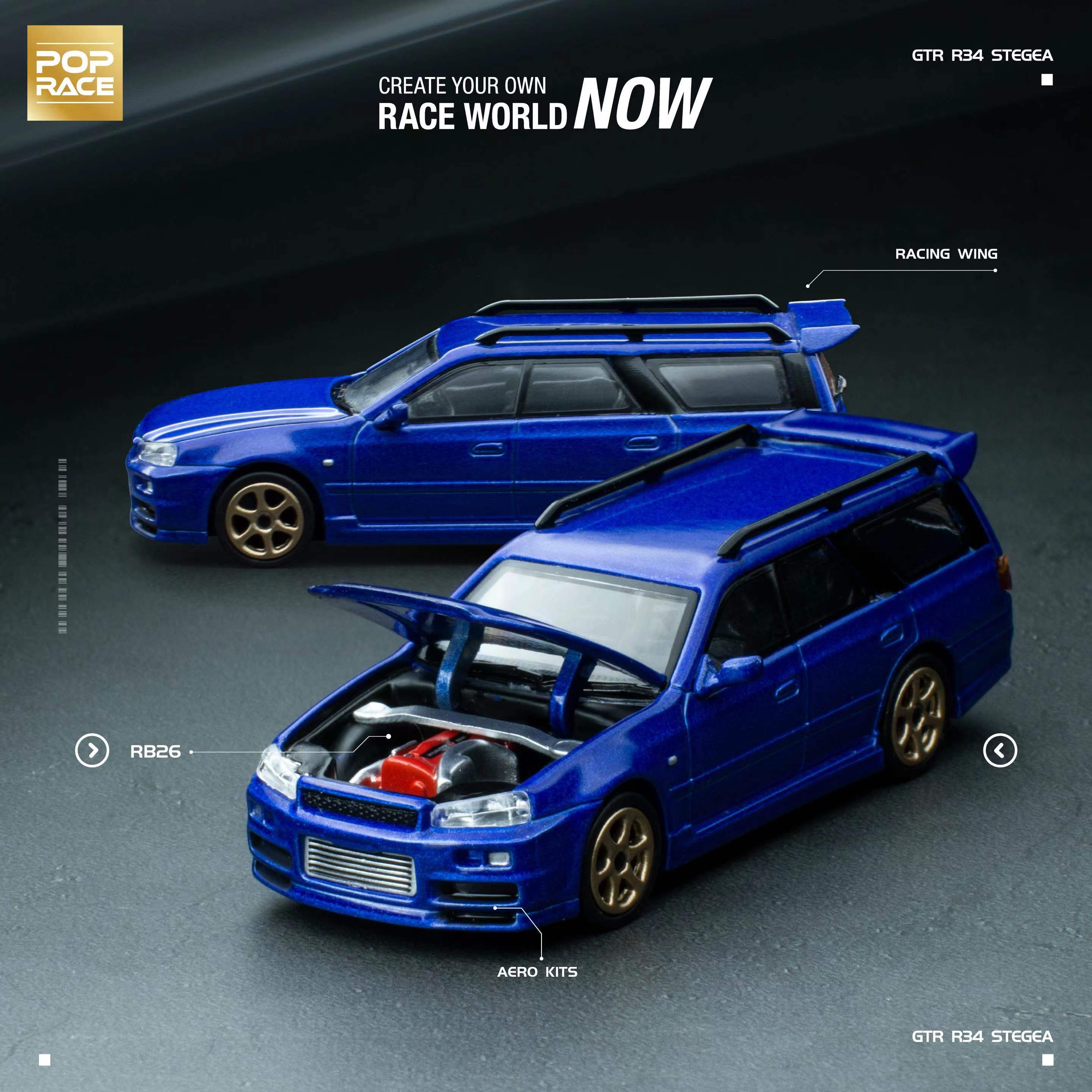 POPRACE 1:64 GTR R34 Stagea Bayside Blue PR64-NR34-STBL – Horizon Diecast